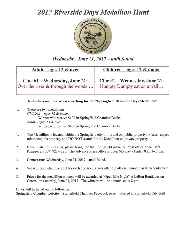 Medallion Hunt Wednesday, June 21st - Clue #1 - Springfield Minnesota ...