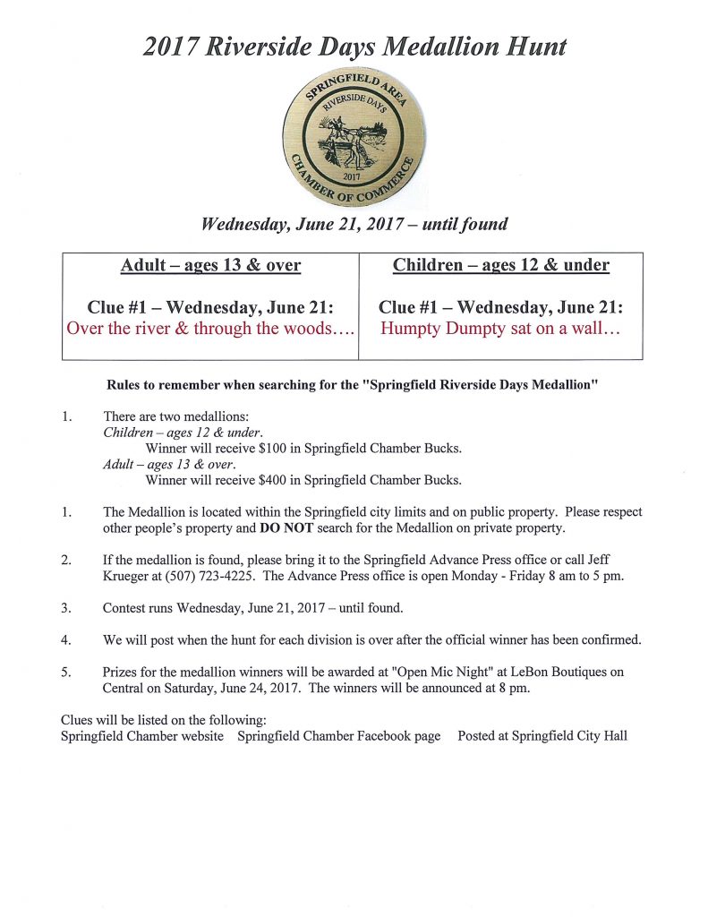 Medallion Hunt Wednesday, June 21st - Clue #1 - Springfield Minnesota ...